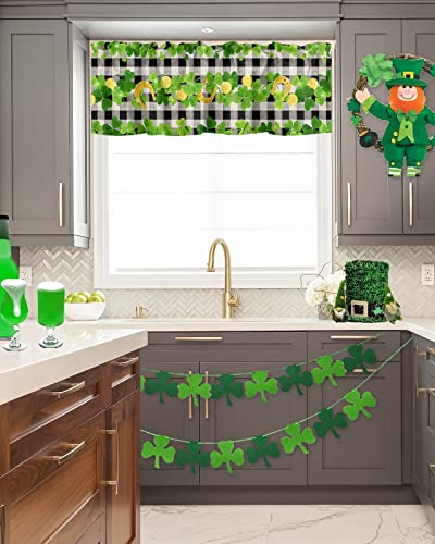 Curtain Valance for Windows St. Patrick's Day Clover Leaf Horseshoe Gold Kitchen Valances Rod Pocket Short Curtains,Black White Plaid Window Treatment Panel for Living Room Bathroom Bedroom 42x12in