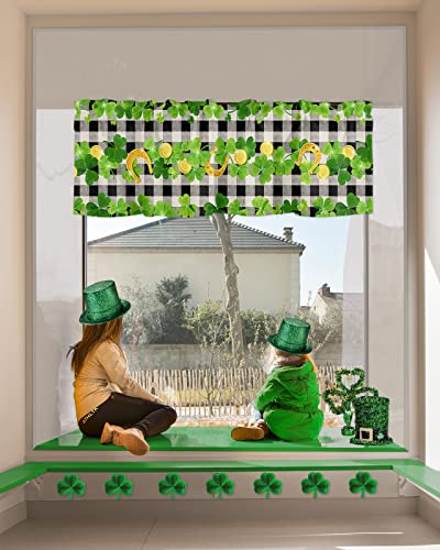 Curtain Valance for Windows St. Patrick's Day Clover Leaf Horseshoe Gold Kitchen Valances Rod Pocket Short Curtains,Black White Plaid Window Treatment Panel for Living Room Bathroom Bedroom 42x12in