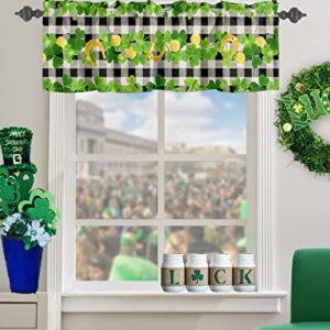 Curtain Valance for Windows St. Patrick's Day Clover Leaf Horseshoe Gold Kitchen Valances Rod Pocket Short Curtains,Black White Plaid Window Treatment Panel for Living Room Bathroom Bedroom 42x12in