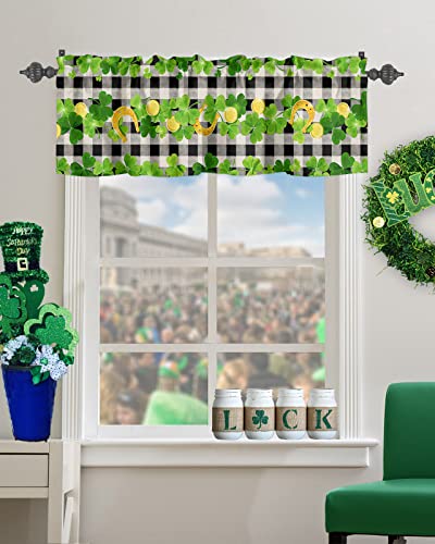 Curtain Valance for Windows St. Patrick's Day Clover Leaf Horseshoe Gold Kitchen Valances Rod Pocket Short Curtains,Black White Plaid Window Treatment Panel for Living Room Bathroom Bedroom 42x12in