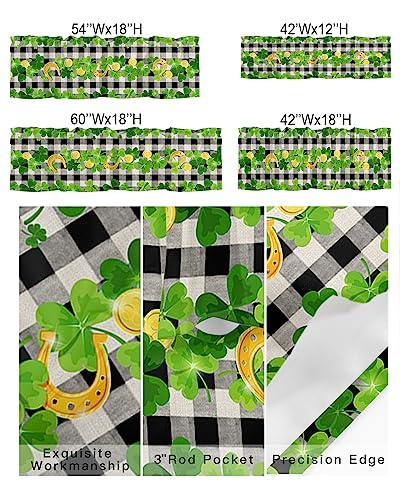 Curtain Valance for Windows St. Patrick's Day Clover Leaf Horseshoe Gold Kitchen Valances Rod Pocket Short Curtains,Black White Plaid Window Treatment Panel for Living Room Bathroom Bedroom 42x12in