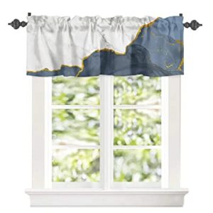 WARM TOUR Curtain Valance for Windows Ink Blue White Marble Gradient Kitchen Valances Rod Pocket Short Curtains,Gold Edge Abstract Art Window Treatment Panel for Living Room Bathroom Bedroom 42x12in