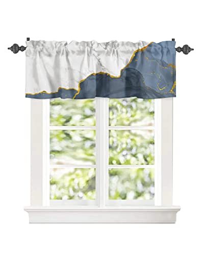 WARM TOUR Curtain Valance for Windows Ink Blue White Marble Gradient Kitchen Valances Rod Pocket Short Curtains,Gold Edge Abstract Art Window Treatment Panel for Living Room Bathroom Bedroom 42x12in