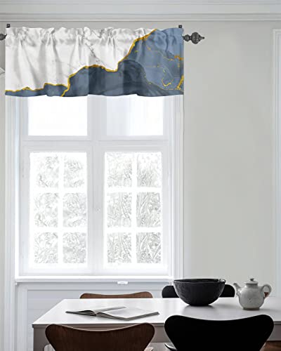 WARM TOUR Curtain Valance for Windows Ink Blue White Marble Gradient Kitchen Valances Rod Pocket Short Curtains,Gold Edge Abstract Art Window Treatment Panel for Living Room Bathroom Bedroom 42x12in