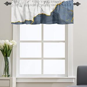 WARM TOUR Curtain Valance for Windows Ink Blue White Marble Gradient Kitchen Valances Rod Pocket Short Curtains,Gold Edge Abstract Art Window Treatment Panel for Living Room Bathroom Bedroom 42x12in