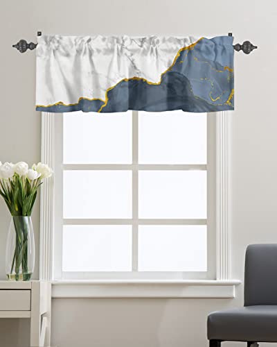 WARM TOUR Curtain Valance for Windows Ink Blue White Marble Gradient Kitchen Valances Rod Pocket Short Curtains,Gold Edge Abstract Art Window Treatment Panel for Living Room Bathroom Bedroom 42x12in