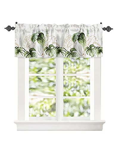 Curtain Valance for Windows Summer Tropical Monstera Leaves Kitchen Valances Rod Pocket Short Curtains,Green Plants Foliage Gold Powder on White Window Treatment Panel for Living Room 42x12in