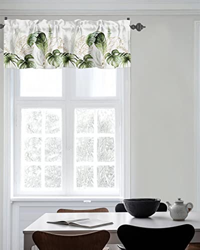 Curtain Valance for Windows Summer Tropical Monstera Leaves Kitchen Valances Rod Pocket Short Curtains,Green Plants Foliage Gold Powder on White Window Treatment Panel for Living Room 42x12in