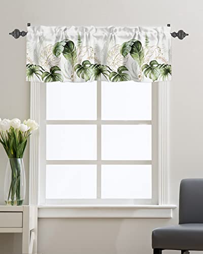 Curtain Valance for Windows Summer Tropical Monstera Leaves Kitchen Valances Rod Pocket Short Curtains,Green Plants Foliage Gold Powder on White Window Treatment Panel for Living Room 42x12in