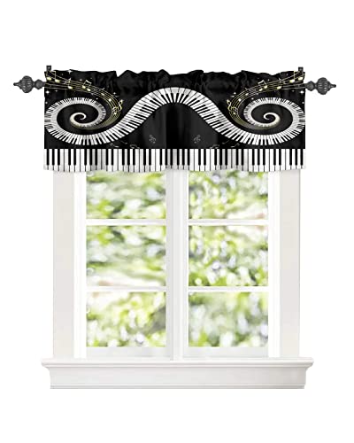 Curtain Valance for Windows Black White Piano Keys Gold Notes Kitchen Valances Rod Pocket Short Curtains,Music Instrumental Stave Swirl Window Treatment Panel for Living Room Bathroom Bedroom 42x12in