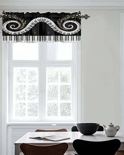 Curtain Valance for Windows Black White Piano Keys Gold Notes Kitchen Valances Rod Pocket Short Curtains,Music Instrumental Stave Swirl Window Treatment Panel for Living Room Bathroom Bedroom 42x12in