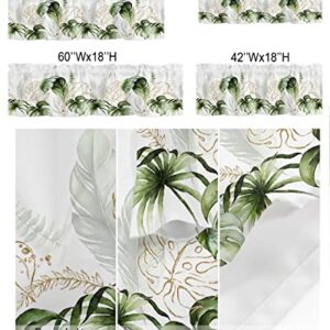 Curtain Valance for Windows Summer Tropical Monstera Leaves Kitchen Valances Rod Pocket Short Curtains,Green Plants Foliage Gold Powder on White Window Treatment Panel for Living Room 42x12in