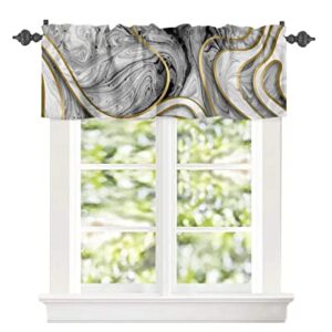 WARM TOUR Curtain Valance for Windows White Gray Abstract Marble Kitchen Valances Rod Pocket Short Curtains,Gold Foil Line Art Window Treatment Panel for Living Room Bathroom Bedroom 60x18in