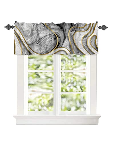 WARM TOUR Curtain Valance for Windows White Gray Abstract Marble Kitchen Valances Rod Pocket Short Curtains,Gold Foil Line Art Window Treatment Panel for Living Room Bathroom Bedroom 60x18in