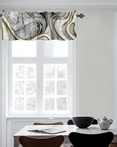 WARM TOUR Curtain Valance for Windows White Gray Abstract Marble Kitchen Valances Rod Pocket Short Curtains,Gold Foil Line Art Window Treatment Panel for Living Room Bathroom Bedroom 60x18in