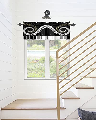 Curtain Valance for Windows Black White Piano Keys Gold Notes Kitchen Valances Rod Pocket Short Curtains,Music Instrumental Stave Swirl Window Treatment Panel for Living Room Bathroom Bedroom 42x12in