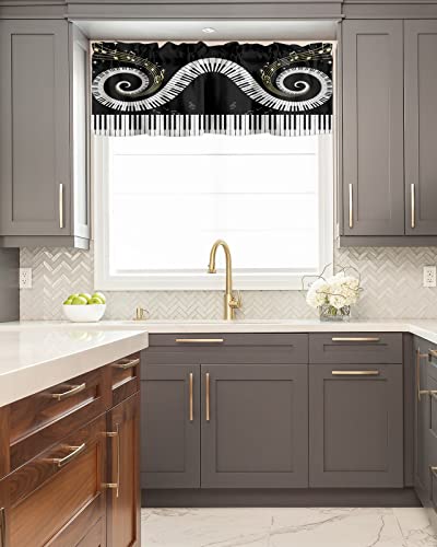 Curtain Valance for Windows Black White Piano Keys Gold Notes Kitchen Valances Rod Pocket Short Curtains,Music Instrumental Stave Swirl Window Treatment Panel for Living Room Bathroom Bedroom 42x12in