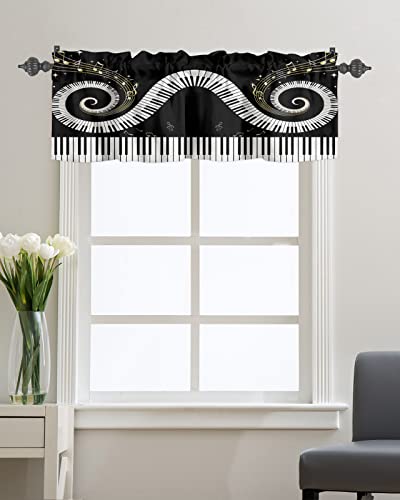 Curtain Valance for Windows Black White Piano Keys Gold Notes Kitchen Valances Rod Pocket Short Curtains,Music Instrumental Stave Swirl Window Treatment Panel for Living Room Bathroom Bedroom 42x12in