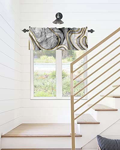 WARM TOUR Curtain Valance for Windows White Gray Abstract Marble Kitchen Valances Rod Pocket Short Curtains,Gold Foil Line Art Window Treatment Panel for Living Room Bathroom Bedroom 60x18in