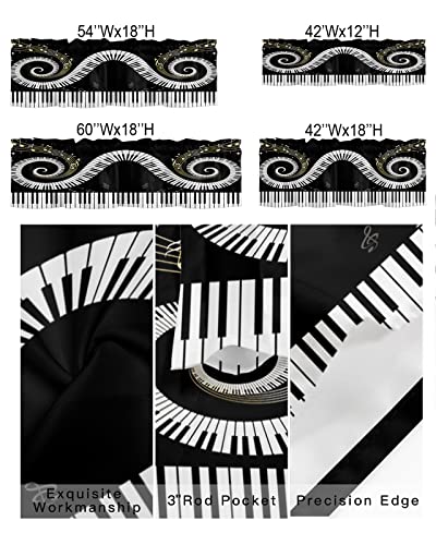 Curtain Valance for Windows Black White Piano Keys Gold Notes Kitchen Valances Rod Pocket Short Curtains,Music Instrumental Stave Swirl Window Treatment Panel for Living Room Bathroom Bedroom 42x12in