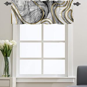 WARM TOUR Curtain Valance for Windows White Gray Abstract Marble Kitchen Valances Rod Pocket Short Curtains,Gold Foil Line Art Window Treatment Panel for Living Room Bathroom Bedroom 60x18in