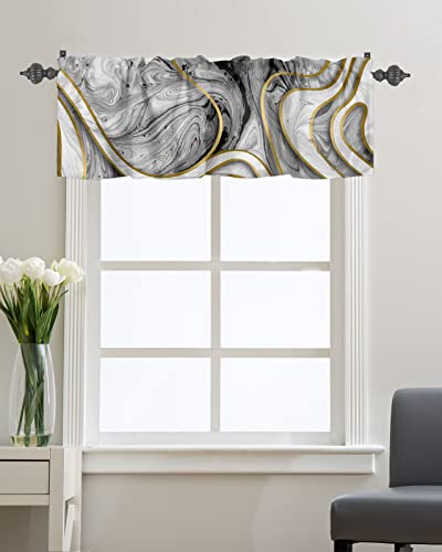 WARM TOUR Curtain Valance for Windows White Gray Abstract Marble Kitchen Valances Rod Pocket Short Curtains,Gold Foil Line Art Window Treatment Panel for Living Room Bathroom Bedroom 60x18in