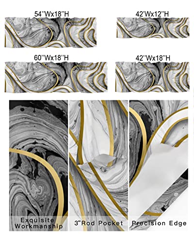 WARM TOUR Curtain Valance for Windows White Gray Abstract Marble Kitchen Valances Rod Pocket Short Curtains,Gold Foil Line Art Window Treatment Panel for Living Room Bathroom Bedroom 60x18in