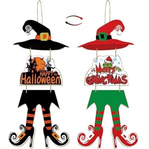 reversible witch halloween decor/christmas decorations for home indoor outdoor, 25×10 inch wooden happy halloween wall porch door sign hanging decor, merry grinchmas door decor xmas holiday decoration