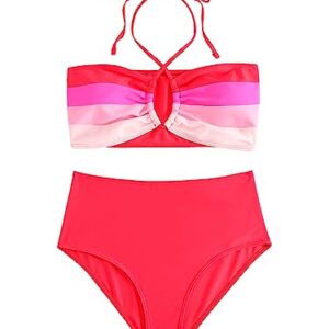 SOLY HUX Women's Color Block Halter High Waisted Bikini Set 2 Piece Swimsuit Bathing Suits Watermelon Pink Colorblock S