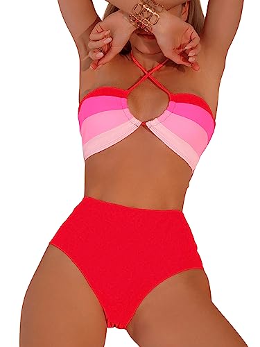 SOLY HUX Women's Color Block Halter High Waisted Bikini Set 2 Piece Swimsuit Bathing Suits Watermelon Pink Colorblock S