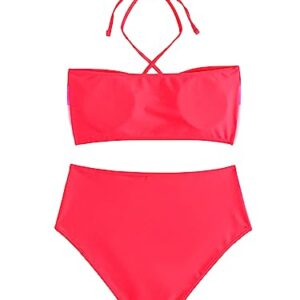 SOLY HUX Women's Color Block Halter High Waisted Bikini Set 2 Piece Swimsuit Bathing Suits Watermelon Pink Colorblock S