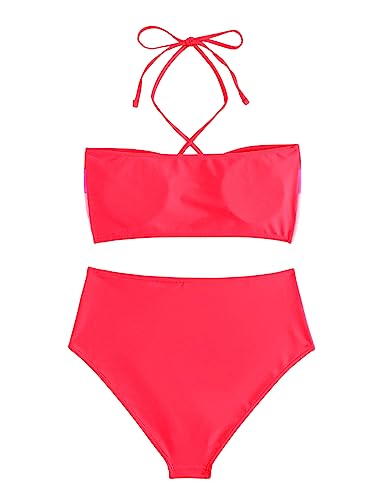 SOLY HUX Women's Color Block Halter High Waisted Bikini Set 2 Piece Swimsuit Bathing Suits Watermelon Pink Colorblock S