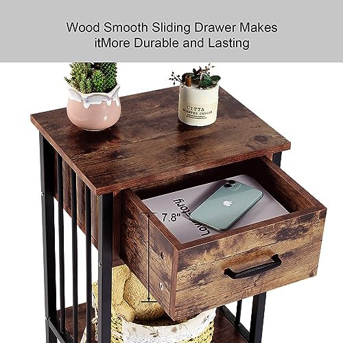 HDANI Nightstand End Tables with Drawer Bed Side Table for Living Room Bedroom Rustic Brown and Black (Brown)