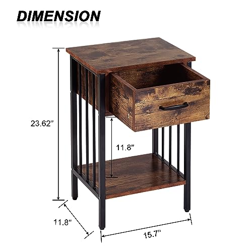 HDANI Nightstand End Tables with Drawer Bed Side Table for Living Room Bedroom Rustic Brown and Black (Brown)