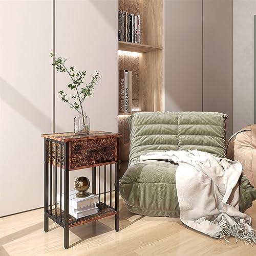 HDANI Nightstand End Tables with Drawer Bed Side Table for Living Room Bedroom Rustic Brown and Black (Brown)