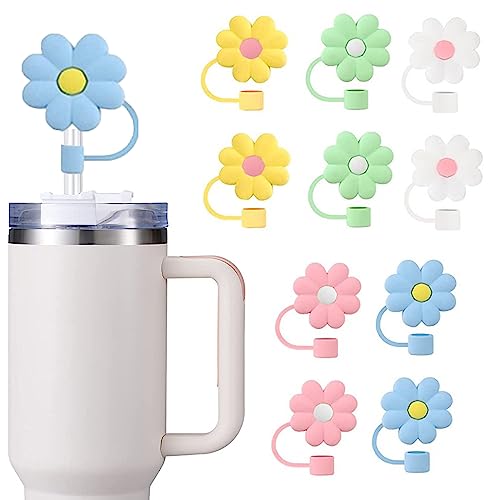 10Pcs Straw Cover Cap for Stanley Cup 40&30 Oz Straw Cap Silicone Straw Tips Cover Cute Cartoon Dustproof Splashproof Drinking Straw Lids Protector (Flower)