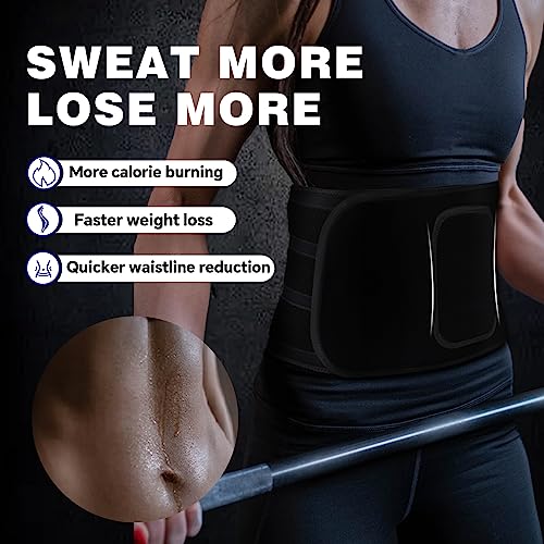 Nano Silver Tech Waist Trainers for Women Belly Fat, Men’s Waist Trimmer Belt and Sweat Band with 3 Strong Adjustable Velcro Straps, Storage Pocket, Reduce Belly Fat and Waistline, Black (Large)