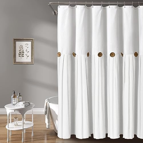 Awellife Farmhouse Shower Curtain for Bathroom, Linen and Cotton Woven Fabric, Country Rustic Style Shower Curtain Set (White, 72" L x 60" W)