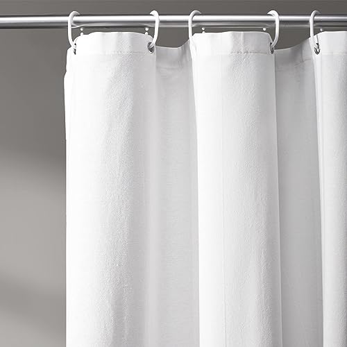 Awellife Farmhouse Shower Curtain for Bathroom, Linen and Cotton Woven Fabric, Country Rustic Style Shower Curtain Set (White, 72" L x 60" W)