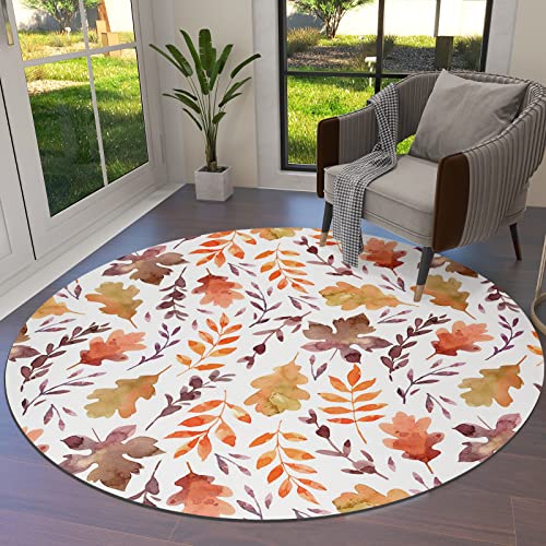 Fall Round Area Rug 3 Ft, Fall Thanksgiving Maple Leaves Soft Throw Rug Non-Slip Washable Carpet for Kid's Room, Nursery, Living Room, Bedroom, Teen's Room, Modern Home Decor