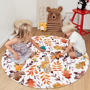 Fall Round Area Rug 3 Ft, Fall Thanksgiving Maple Leaves Soft Throw Rug Non-Slip Washable Carpet for Kid's Room, Nursery, Living Room, Bedroom, Teen's Room, Modern Home Decor