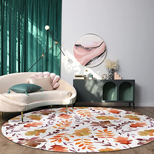 Fall Round Area Rug 3 Ft, Fall Thanksgiving Maple Leaves Soft Throw Rug Non-Slip Washable Carpet for Kid's Room, Nursery, Living Room, Bedroom, Teen's Room, Modern Home Decor