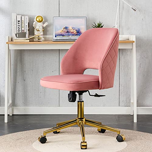 FATFISH Velvet Office Chairs, Adjustable 360 °Swivel Chair Engineering Plastic Armless Swivel Computer Chair with Wheels for Living Room, Bed Room Office Hotel Dining Room,Pink