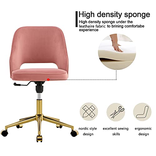 FATFISH Velvet Office Chairs, Adjustable 360 °Swivel Chair Engineering Plastic Armless Swivel Computer Chair with Wheels for Living Room, Bed Room Office Hotel Dining Room,Pink