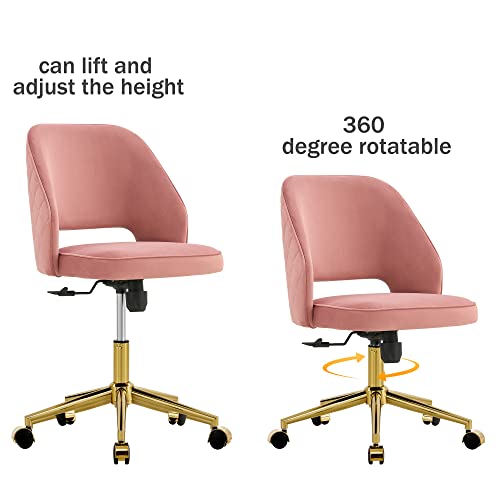 FATFISH Velvet Office Chairs, Adjustable 360 °Swivel Chair Engineering Plastic Armless Swivel Computer Chair with Wheels for Living Room, Bed Room Office Hotel Dining Room,Pink