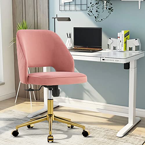 FATFISH Velvet Office Chairs, Adjustable 360 °Swivel Chair Engineering Plastic Armless Swivel Computer Chair with Wheels for Living Room, Bed Room Office Hotel Dining Room,Pink