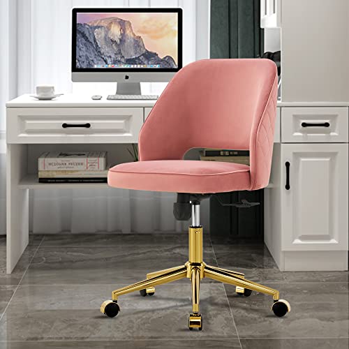 FATFISH Velvet Office Chairs, Adjustable 360 °Swivel Chair Engineering Plastic Armless Swivel Computer Chair with Wheels for Living Room, Bed Room Office Hotel Dining Room,Pink