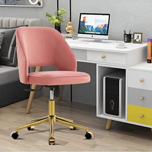 FATFISH Velvet Office Chairs, Adjustable 360 °Swivel Chair Engineering Plastic Armless Swivel Computer Chair with Wheels for Living Room, Bed Room Office Hotel Dining Room,Pink