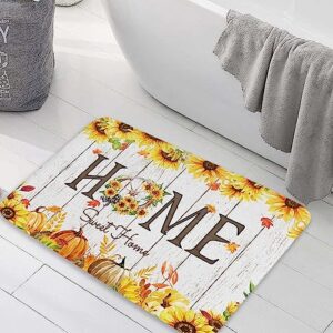 JAWO Fall Bathroom Rugs, Pumpkin Sunflower Decorate Autumn Thanksgiving Bath Mat, Seasonal Country Floor Door Mat Non Slip Memory Foam Home Decor 17 x 29 Inch