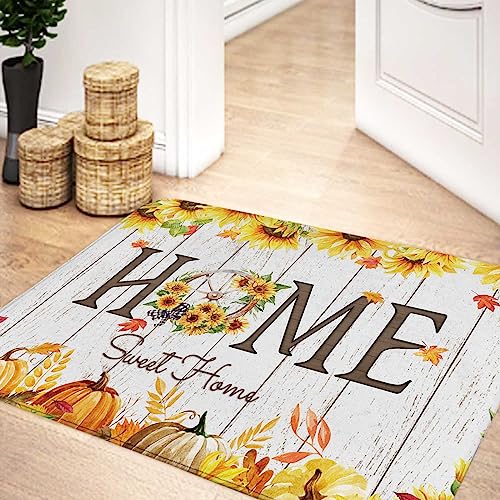 JAWO Fall Bathroom Rugs, Pumpkin Sunflower Decorate Autumn Thanksgiving Bath Mat, Seasonal Country Floor Door Mat Non Slip Memory Foam Home Decor 17 x 29 Inch